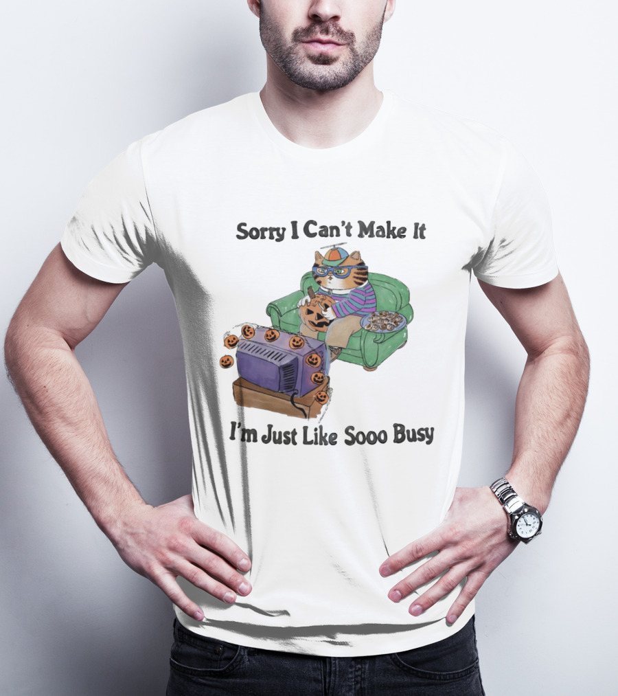 Sorry I Can't Make It I'm Just Like Sooo Busy Cat Carving Pumpkin With TV And Snacks T-Shirt