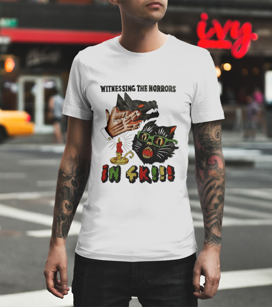Witnessing The Horrors Horror Cat Candle In 4K T-Shirt