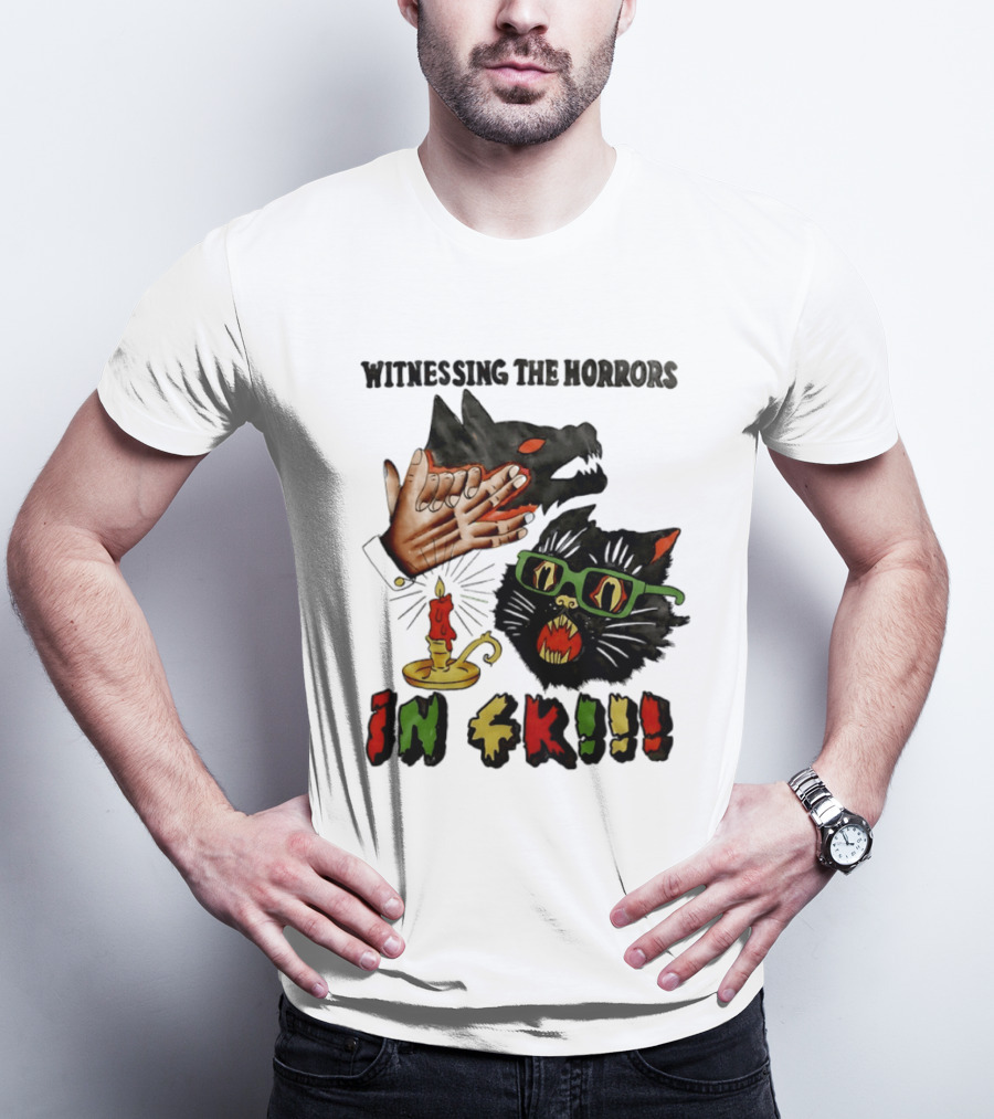 Witnessing The Horrors Horror Cat Candle In 4K T-Shirt