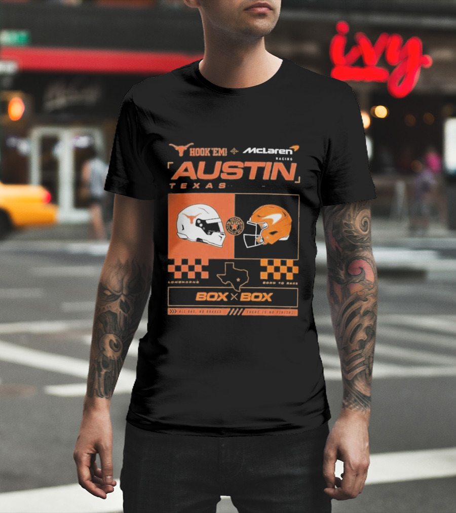 Hook 'Em McLaren Racing Austin Texas Head To Head Box X Box T-Shirt