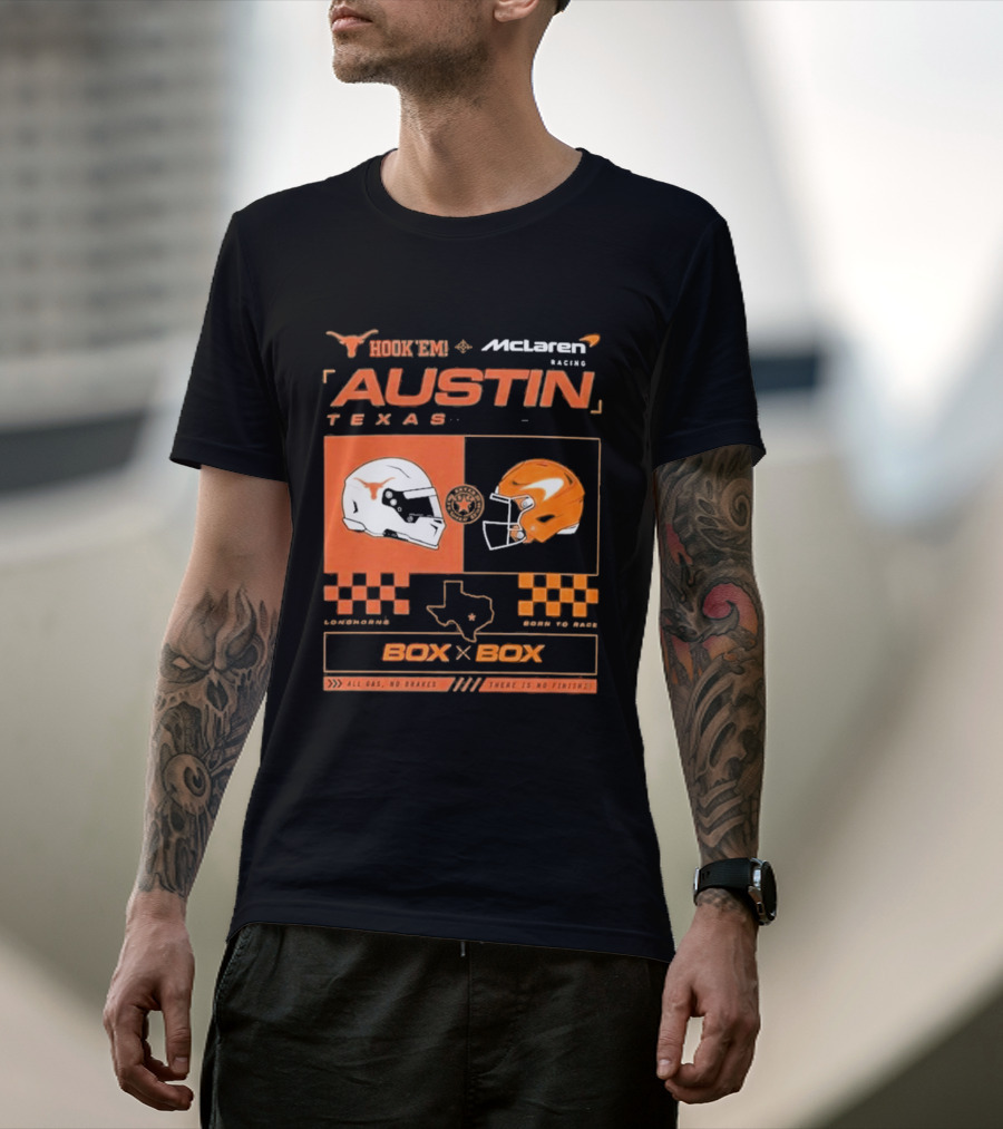 Hook 'Em McLaren Racing Austin Texas Head To Head Box X Box T-Shirt