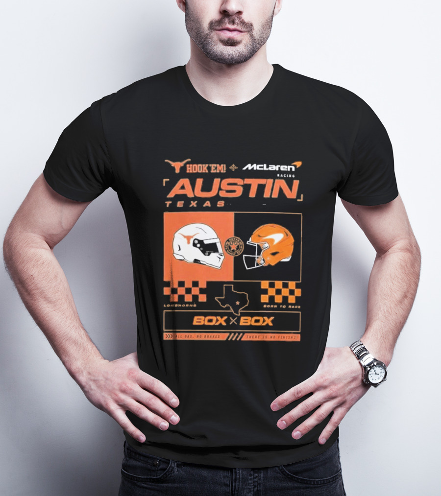 Hook 'Em McLaren Racing Austin Texas Head To Head Box X Box T-Shirt