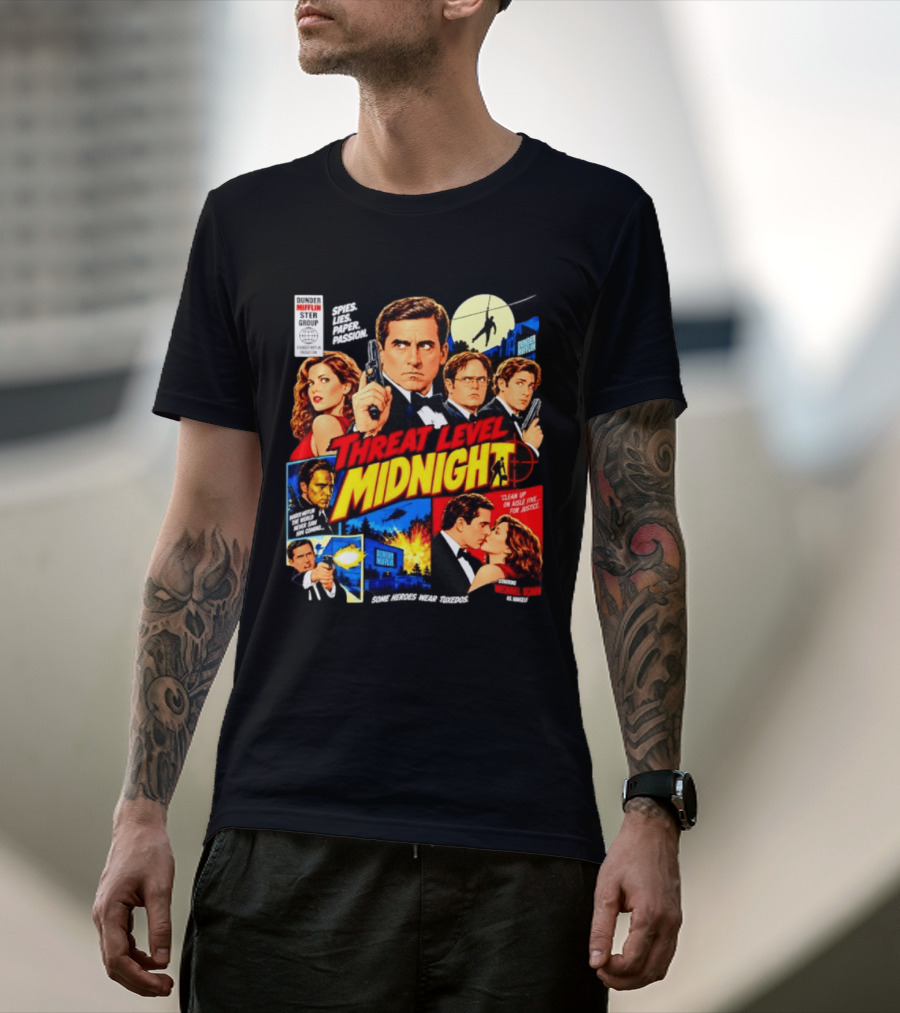 Threat Level Midnight Spies Lies Paper Passion Dunder Mifflin Group Heroes Tuxedos T-Shirt