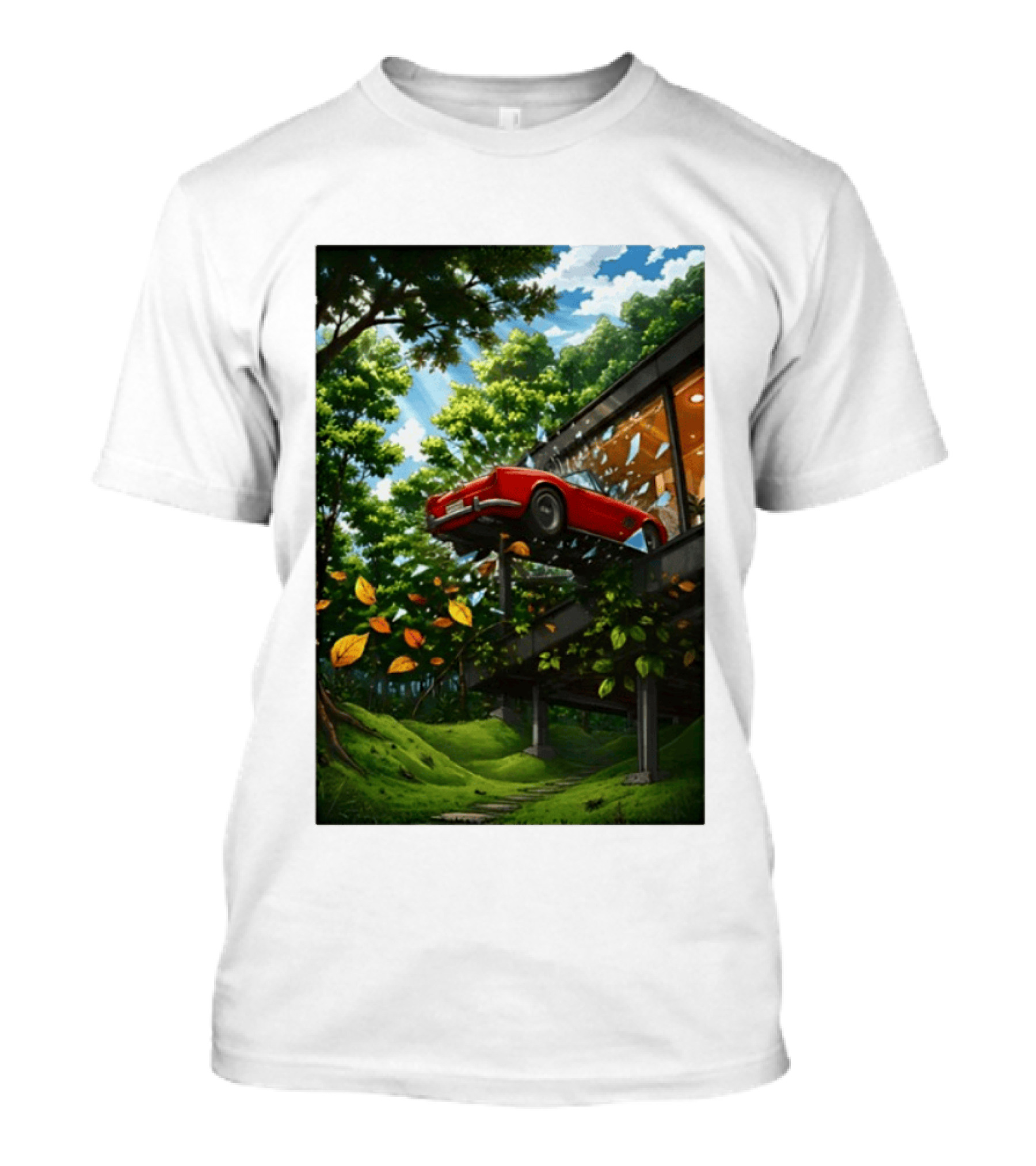 FIB I'll Take It I Want It Red Car Breaking Glass Forest Scene T-Shirt