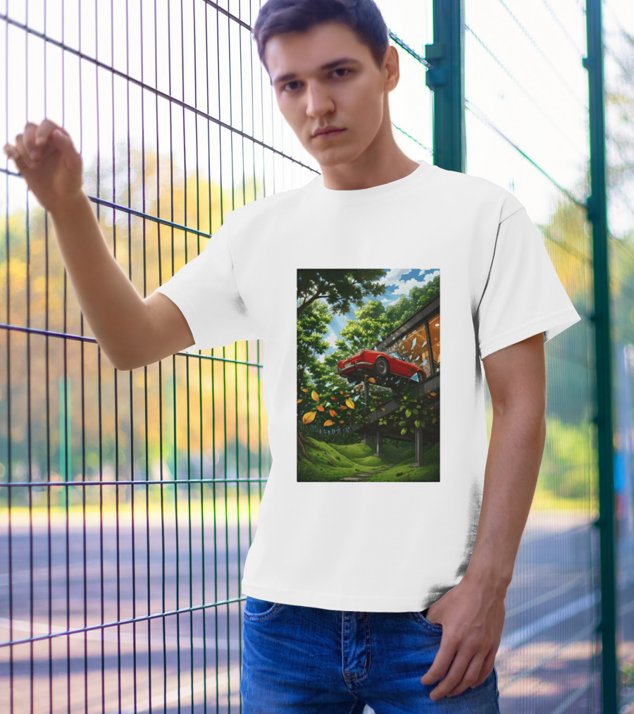 FIB I'll Take It I Want It Red Car Breaking Glass Forest Scene T-Shirt