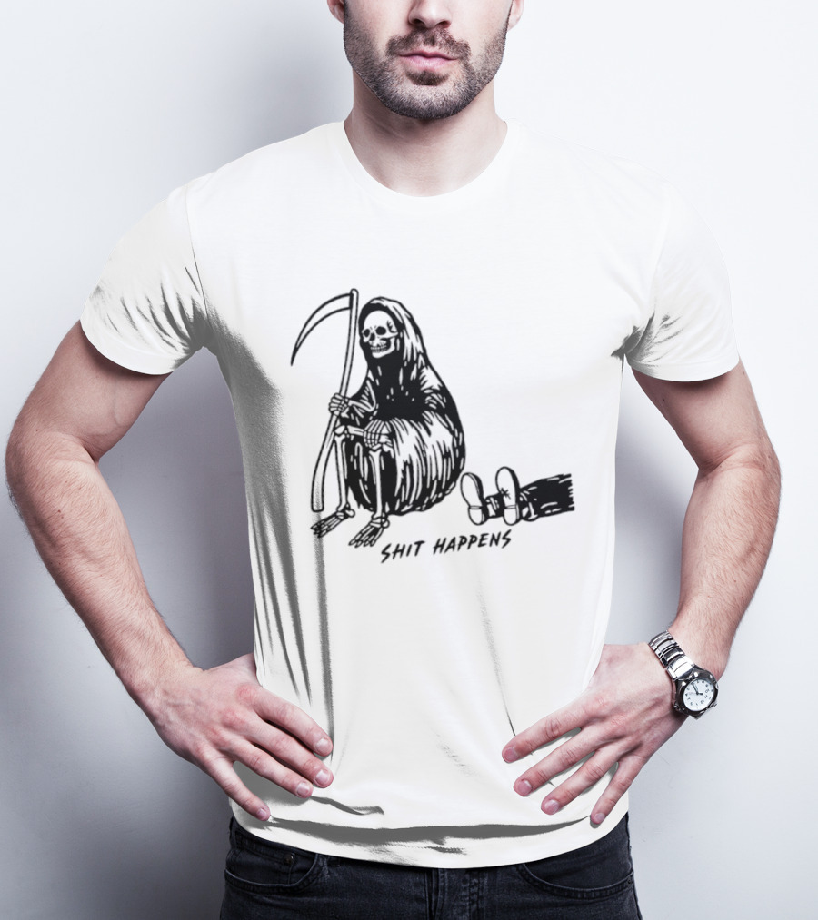 Grim Reaper Shit Happens Sitting With Scythe And Fallen Tricycle T-Shirt