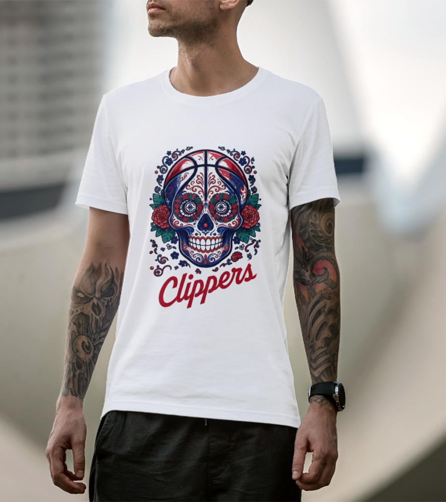 Clippers Dia De Los Muertos Basketball Skull Floral 2026 27 T-Shirt