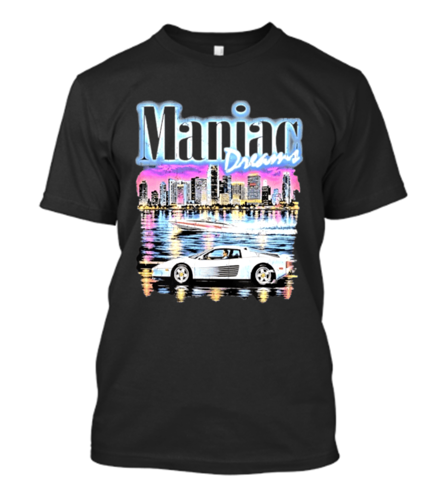 Maniac Dreams City Skyline Sports Car Speedboat T-Shirt