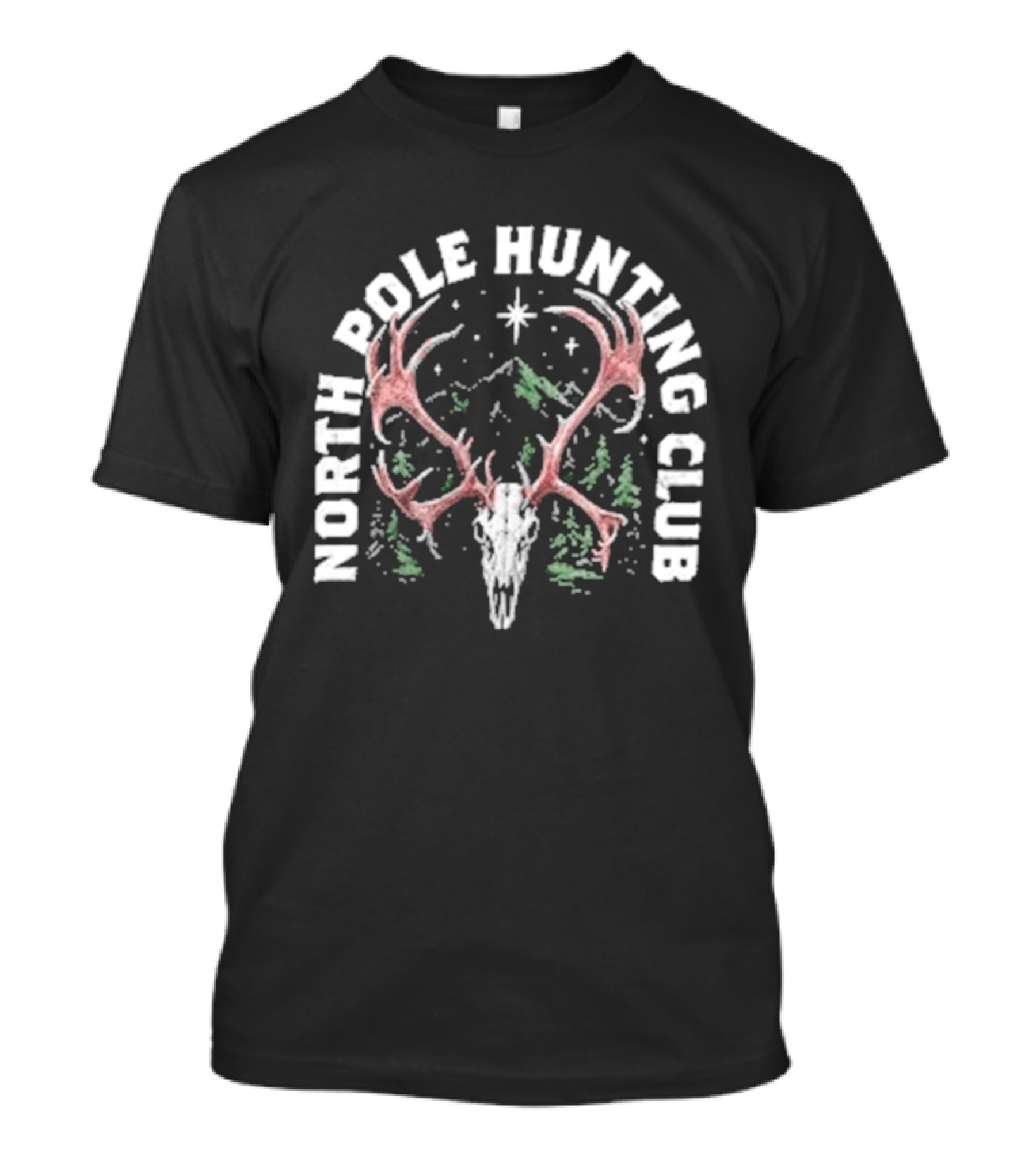 North Pole Hunting Club Skull Antlers Mountain Star Forest T-Shirt