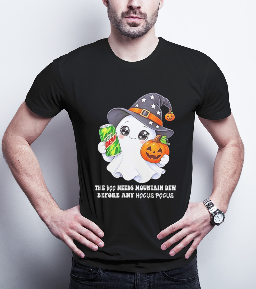 The Boo Needs Mountain Dew With Witch Hat And Pumpkin Ghost T-Shirt