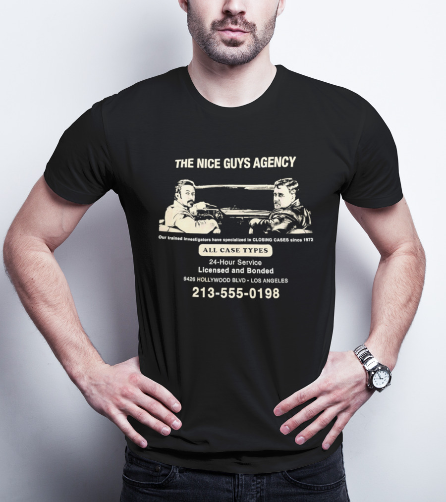 Sure, Here's A Title Based On The Provided Details: The Nice Guys Agency Ryan Gosling Russell Crowe 1977 Hollywood Blvd Los Angeles 213 555 0198 T-Shirt