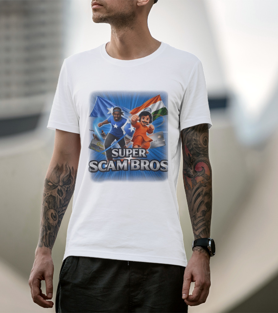 Super Scam Bros Indian Flag With Cartoon Superheroes And Credit Cards T-Shirt