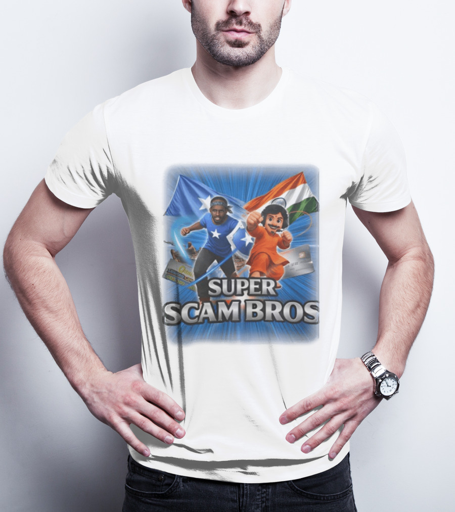 Super Scam Bros Indian Flag With Cartoon Superheroes And Credit Cards T-Shirt