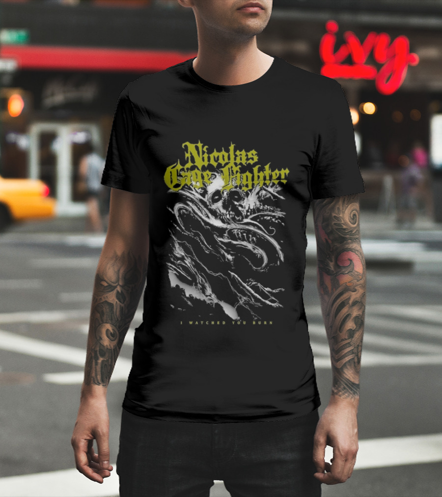 Nicolas Cage Fighter I Ed You Burn Ghost Skeleton In Yellow T-Shirt