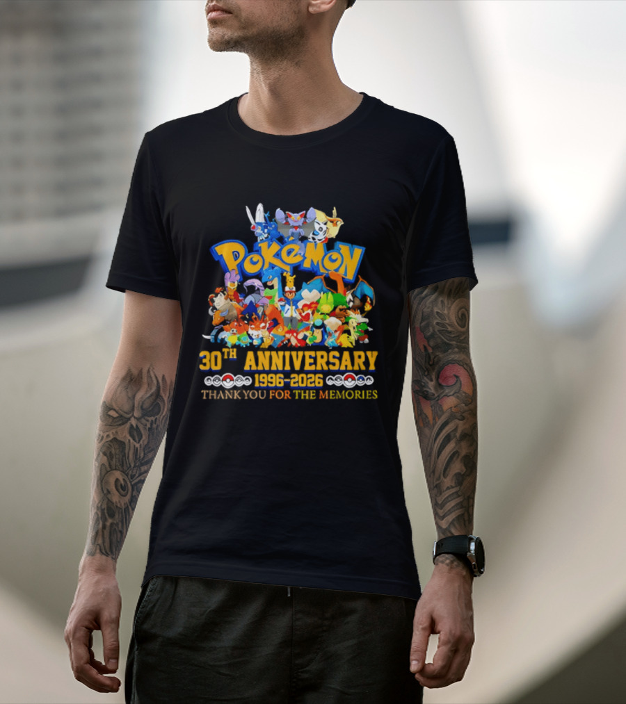 Pokémon 30th Anniversary 1996 2026 Pikachu Mewtwo Eevee Mew Dragonite Snorlax Thank You For The Memories T-Shirt