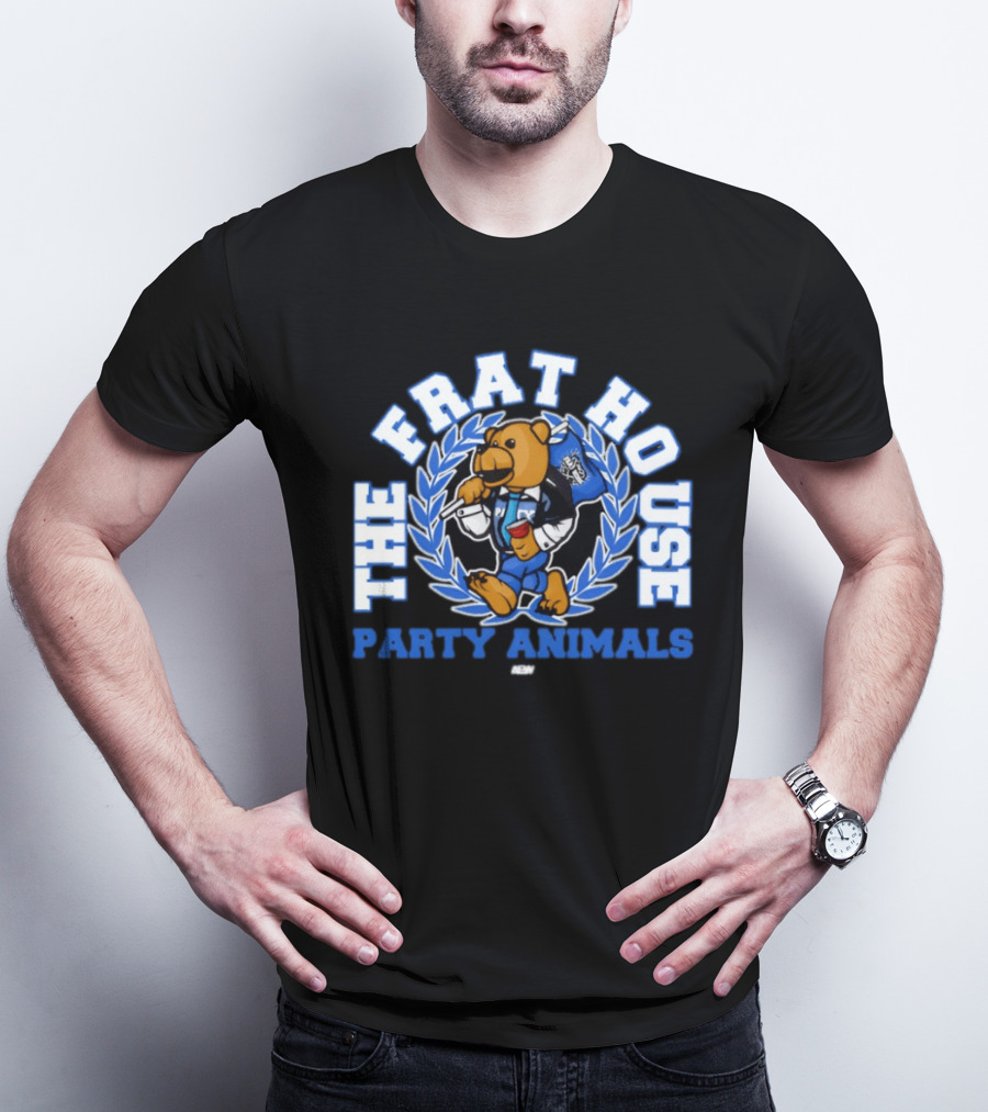 The Frat House Party Animals Beer Bear Drinking In Blue College Jacket T-Shirt