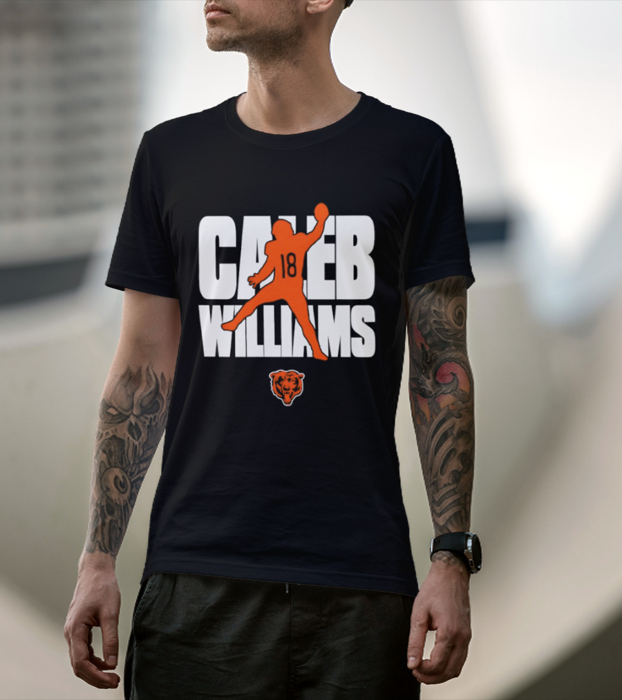 Caleb Williams 18 Chicago Bears Football Quarterback Silhouette With Orange Team T-Shirt