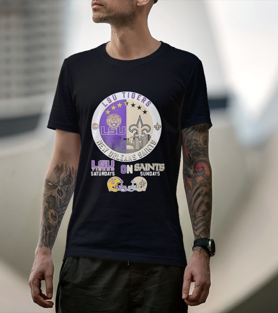 LSU Tigers Saturdays New Orleans Saints Sundays Mashup Helmet T-Shirt