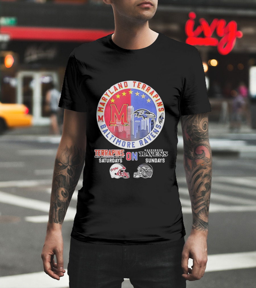 Maryland Terrapins Saturdays Baltimore Ravens Sundays Mashup Helmet T-Shirt