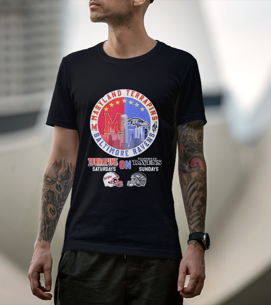 Maryland Terrapins Saturdays Baltimore Ravens Sundays Mashup Helmet T-Shirt