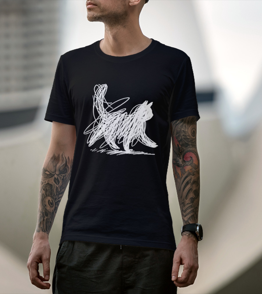 Scribble Cat Minimal Line Art Japanese T-Shirt