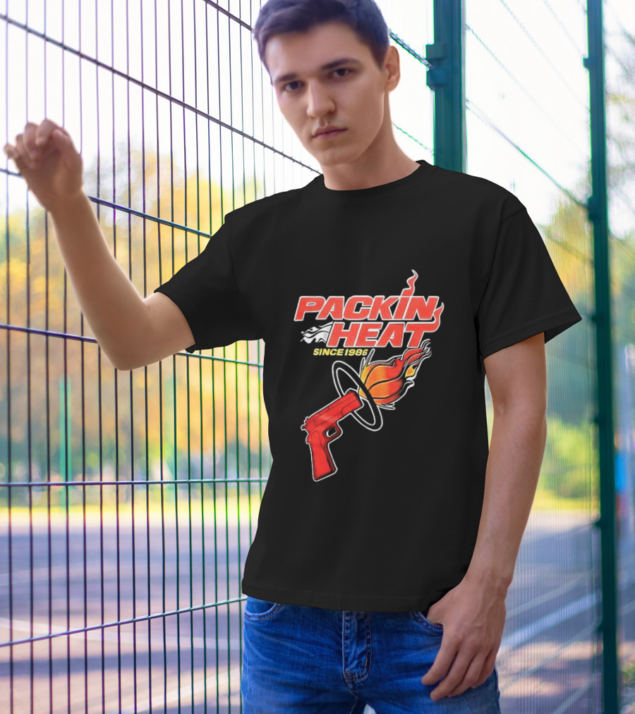 Packin Heat Since 1986 Flaming Basketball And Gun T-Shirt