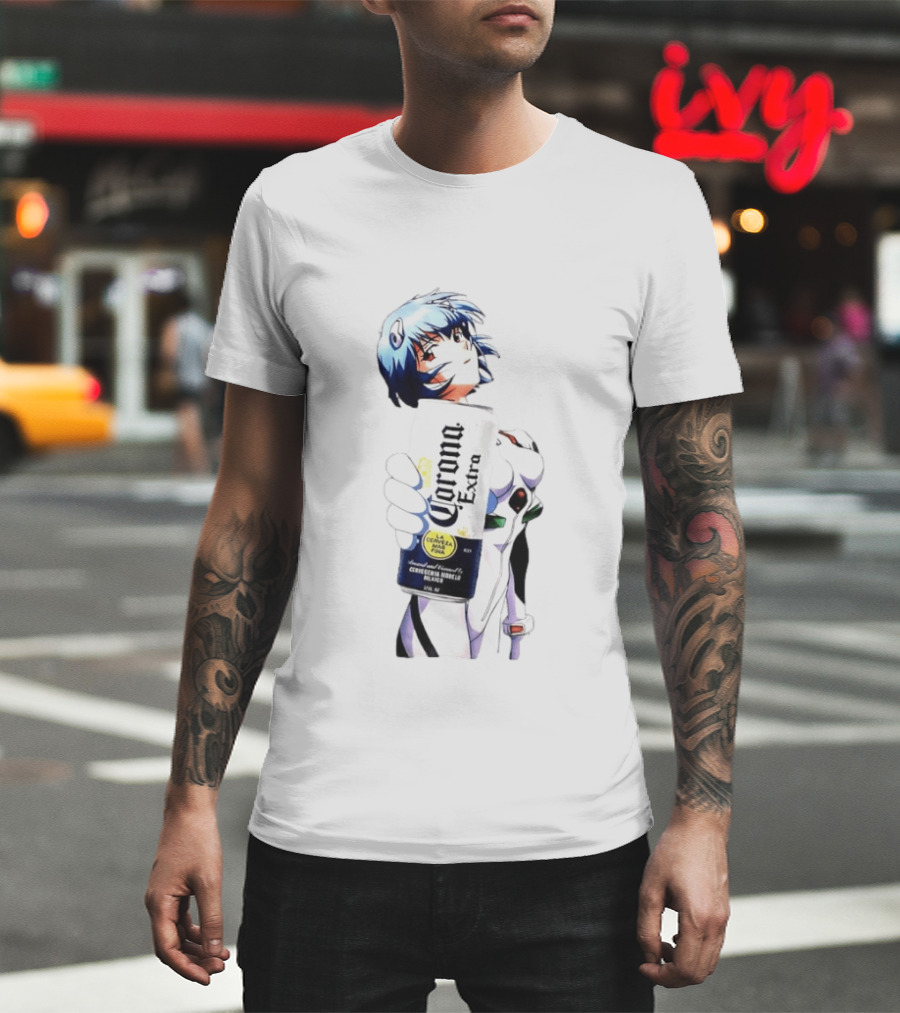 Evangelion Rei Ayanami Holding Corona Extra Beer Can Image T-Shirt