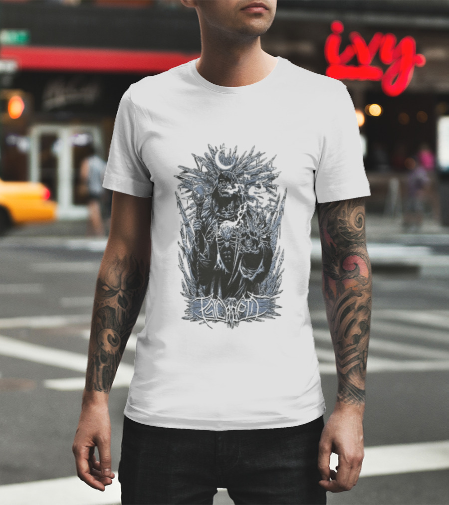Psycroptic Ice Demon Moonlit Sorcerer Holding Crystal Staff And Skull T-Shirt
