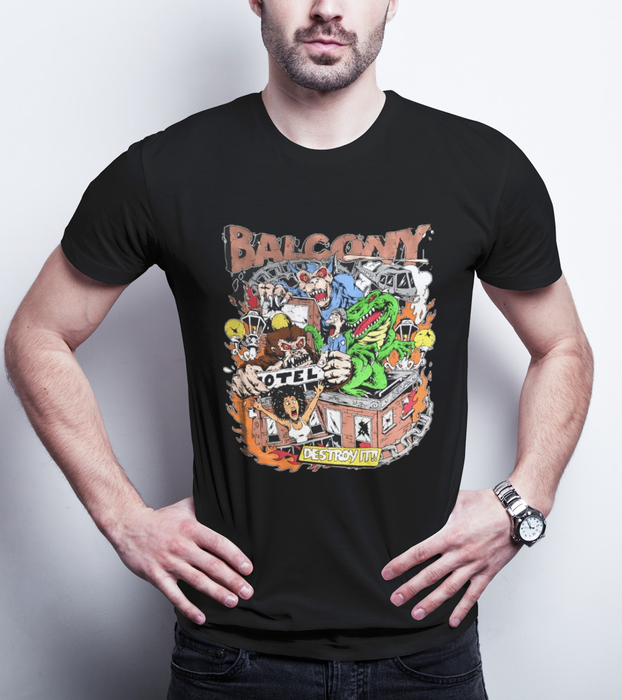 Balcony Hotel Rampage Cartoon Destroy It Monsters And Chaos T-Shirt