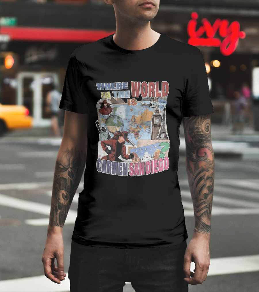Where In The World Is Carmen Sandiego Map And Landmarks Collage T-Shirt
