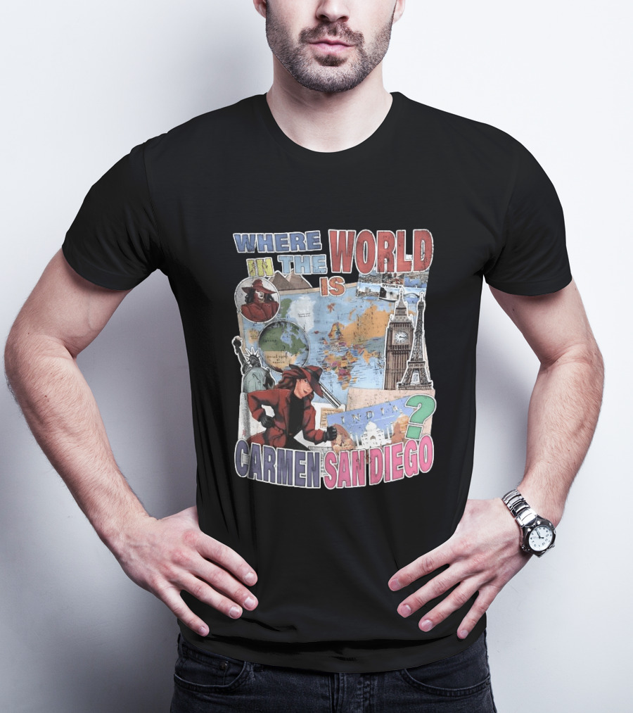 Where In The World Is Carmen Sandiego Map And Landmarks Collage T-Shirt