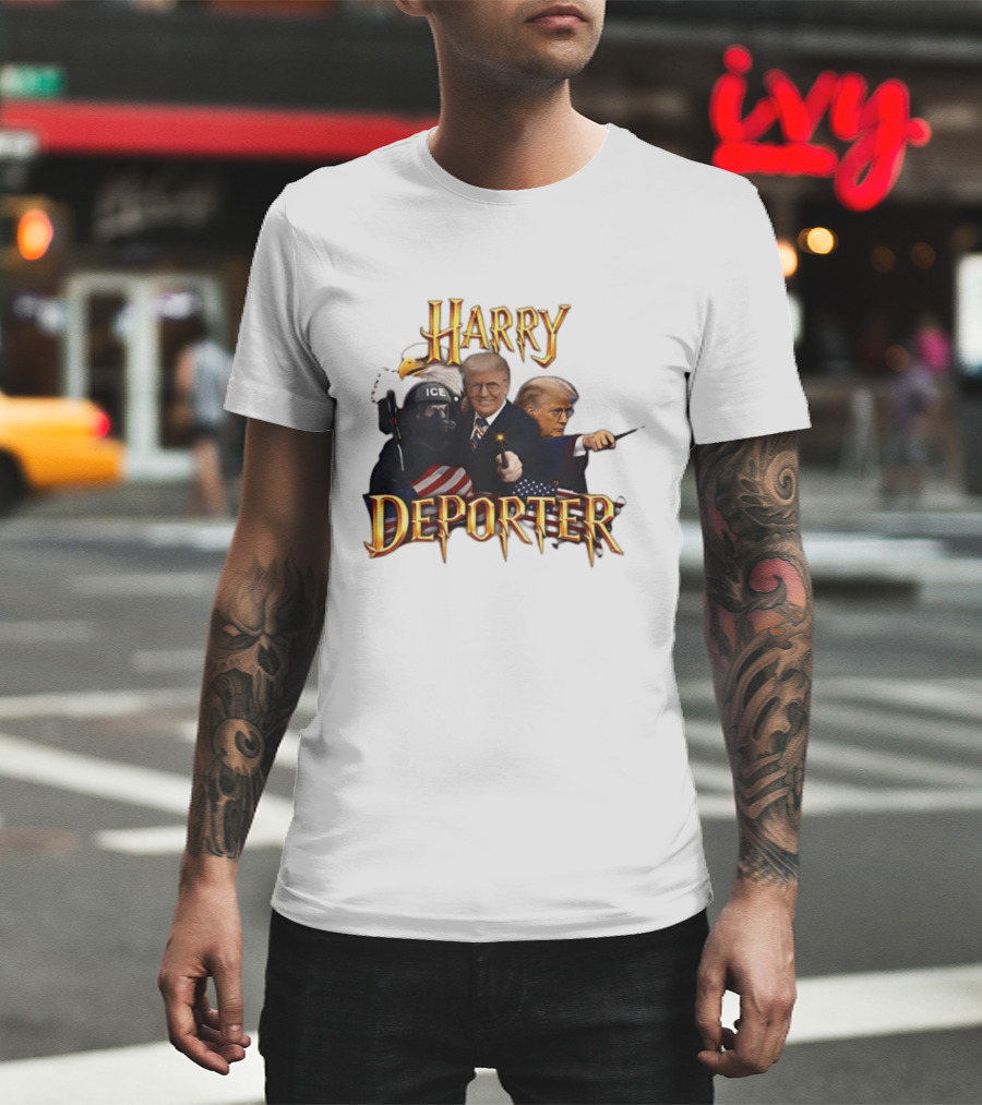 Harry Deporter Trump ICE Caricature American Flag Wand And Eagle T-Shirt