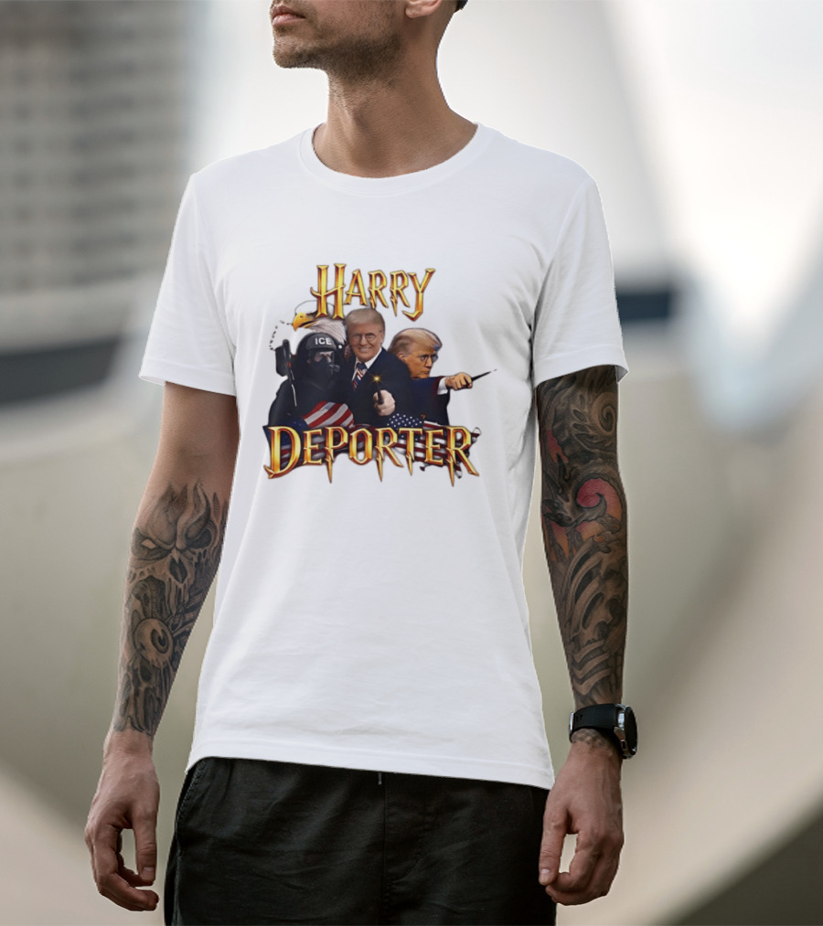 Harry Deporter Trump ICE Caricature American Flag Wand And Eagle T-Shirt