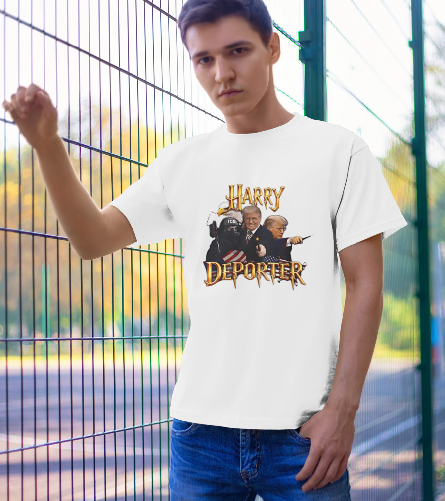 Harry Deporter Trump ICE Caricature American Flag Wand And Eagle T-Shirt