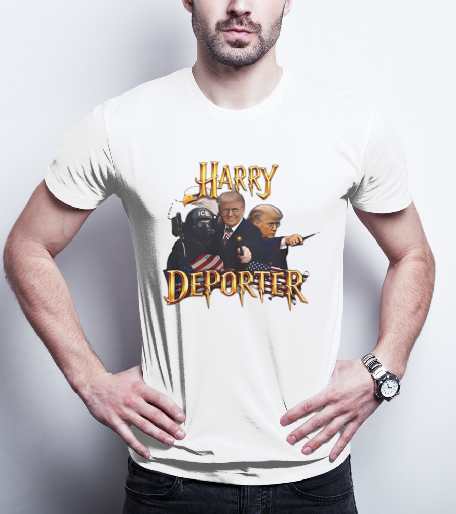 Harry Deporter Trump ICE Caricature American Flag Wand And Eagle T-Shirt