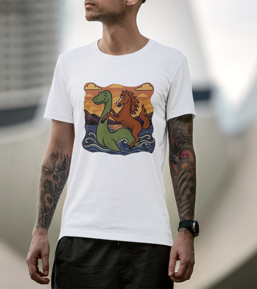 Playful Horse Riding Loch Ness Monster At Sunset Scene T-Shirt