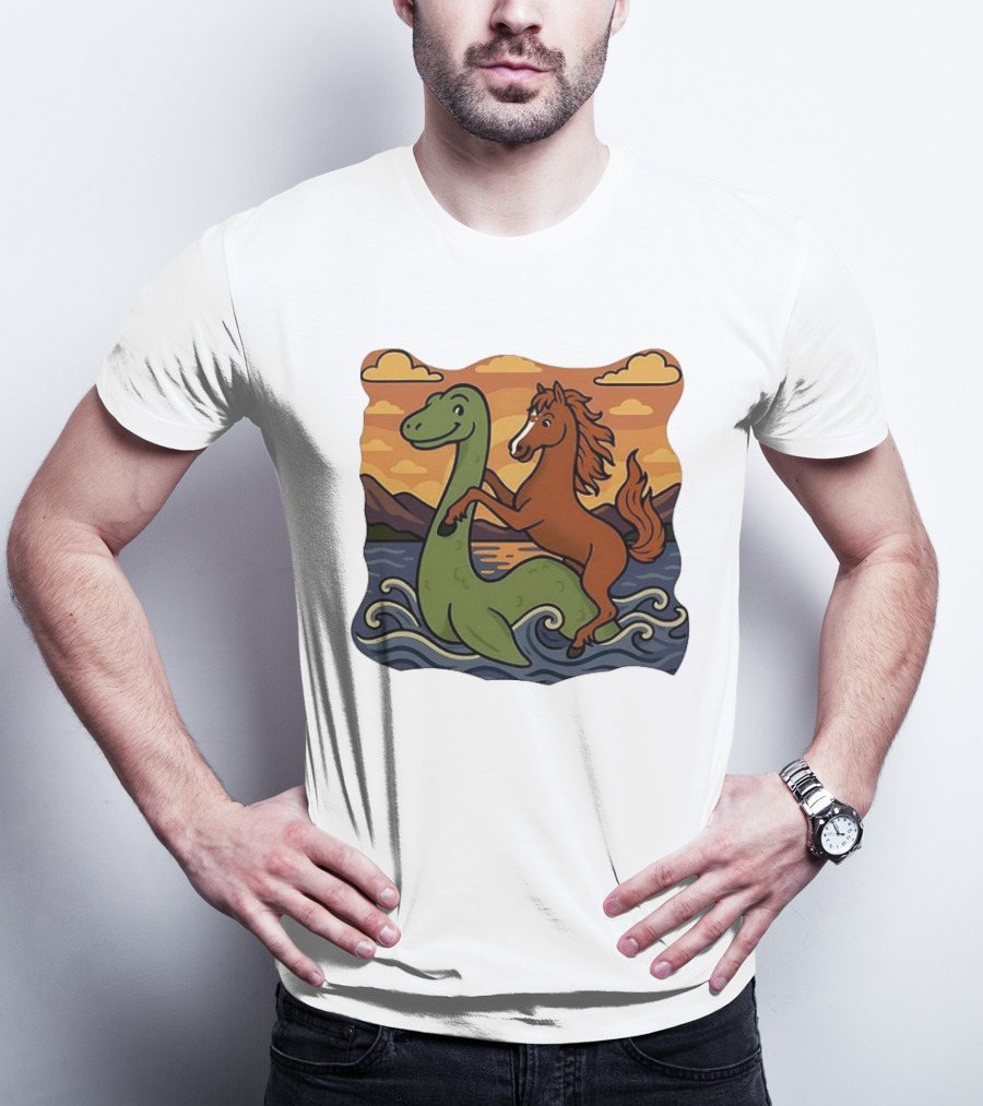 Playful Horse Riding Loch Ness Monster At Sunset Scene T-Shirt