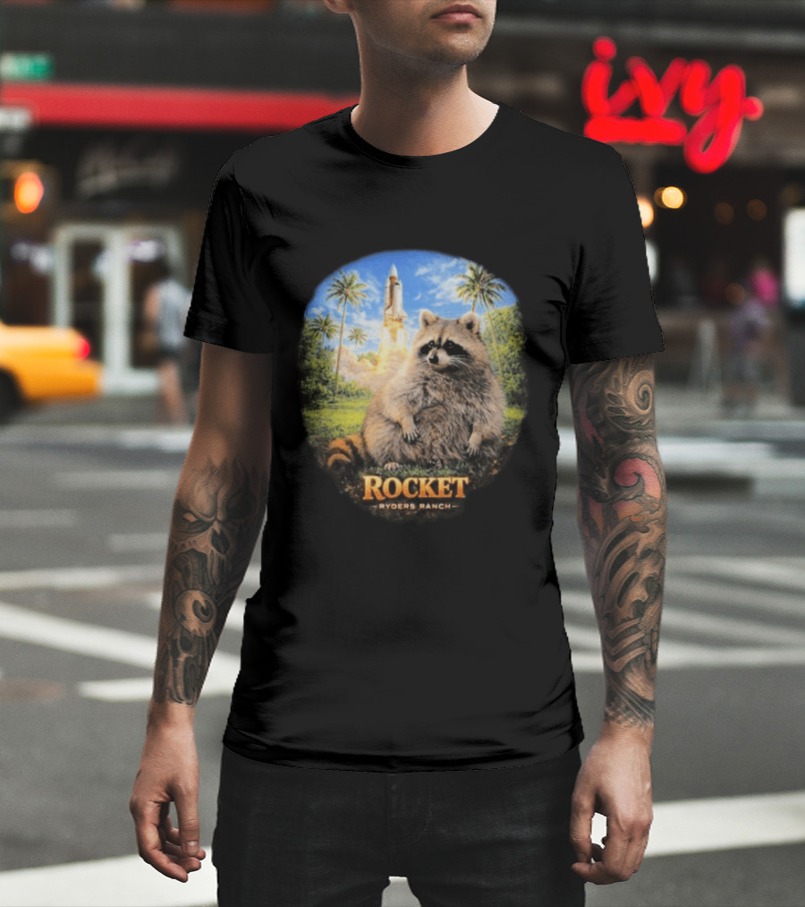 Rocket Raccoon Space Launch Tylernolantattoos Ryders Ranch T-Shirt