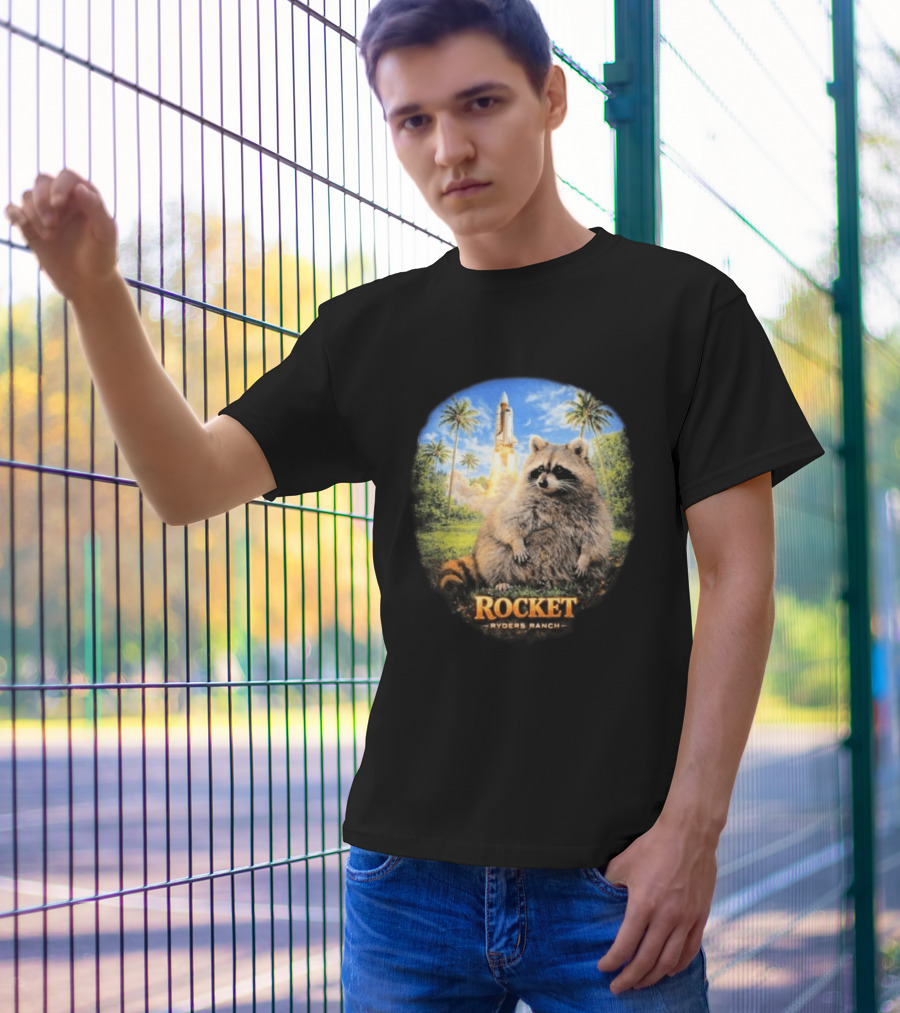 Rocket Raccoon Space Launch Tylernolantattoos Ryders Ranch T-Shirt