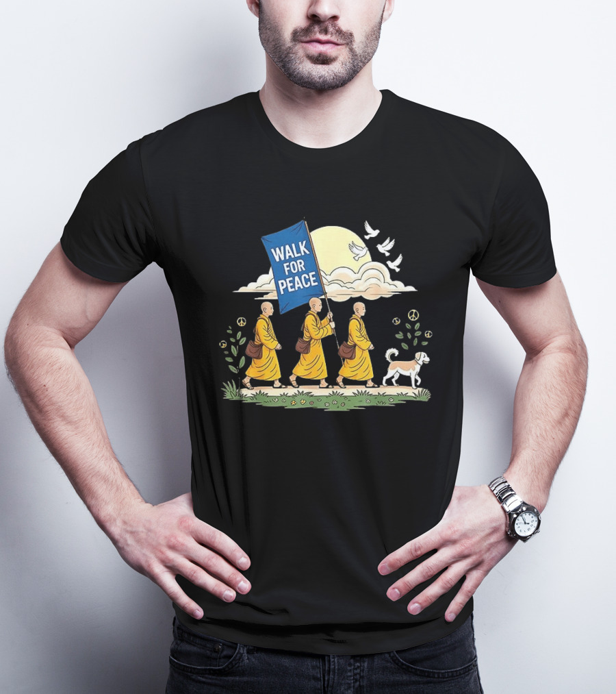 Walk For Peace Buddhist Monks And Dog Journey With Doves And Peace T-Shirt