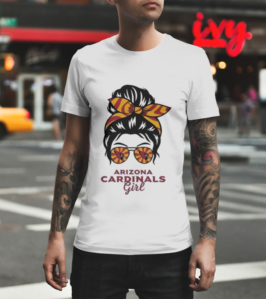 Arizona Cardinals Girl Messy Bun Glasses Vintage Sports Fan T-Shirt