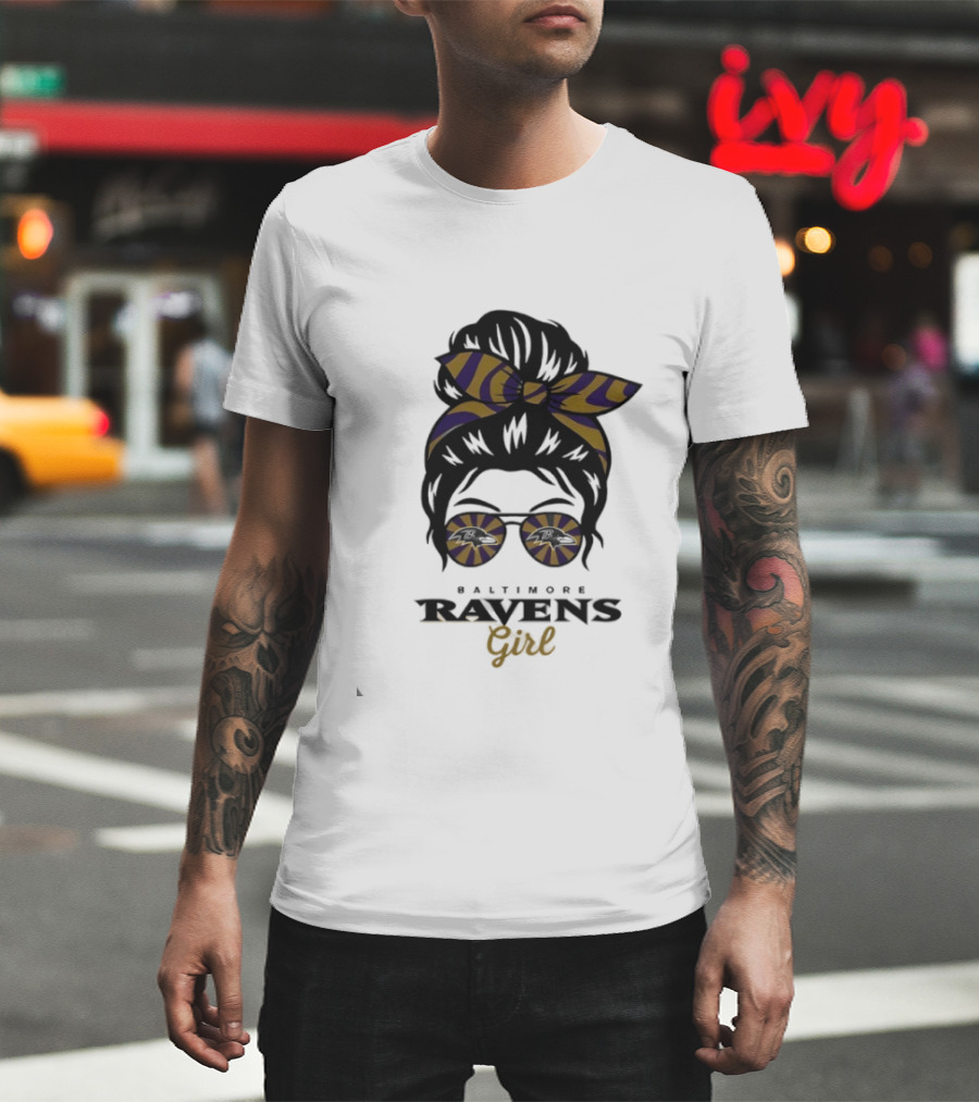 Baltimore Ravens Girl Messy Bun Glasses Bow Fan Gear T-Shirt