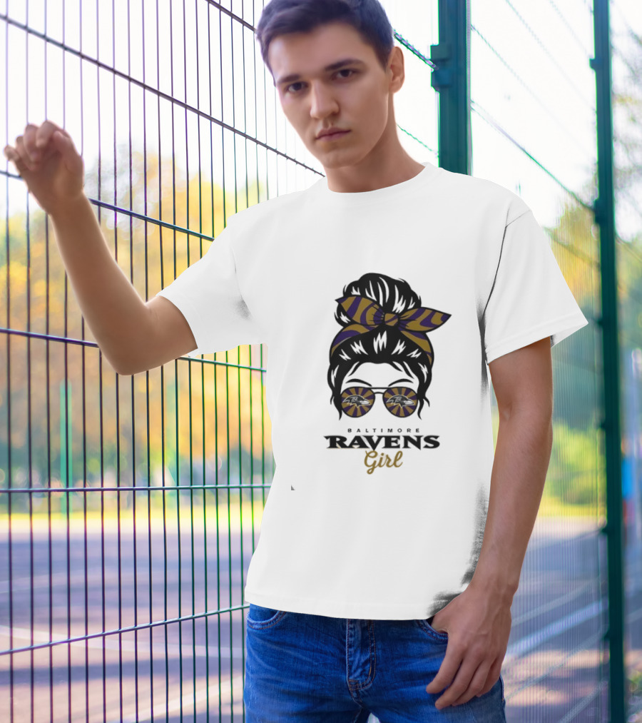 Baltimore Ravens Girl Messy Bun Glasses Bow Fan Gear T-Shirt