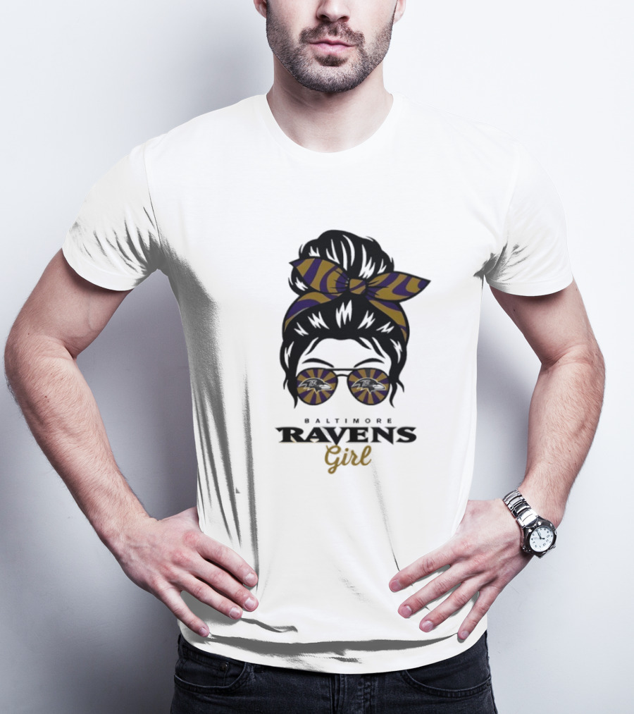 Baltimore Ravens Girl Messy Bun Glasses Bow Fan Gear T-Shirt