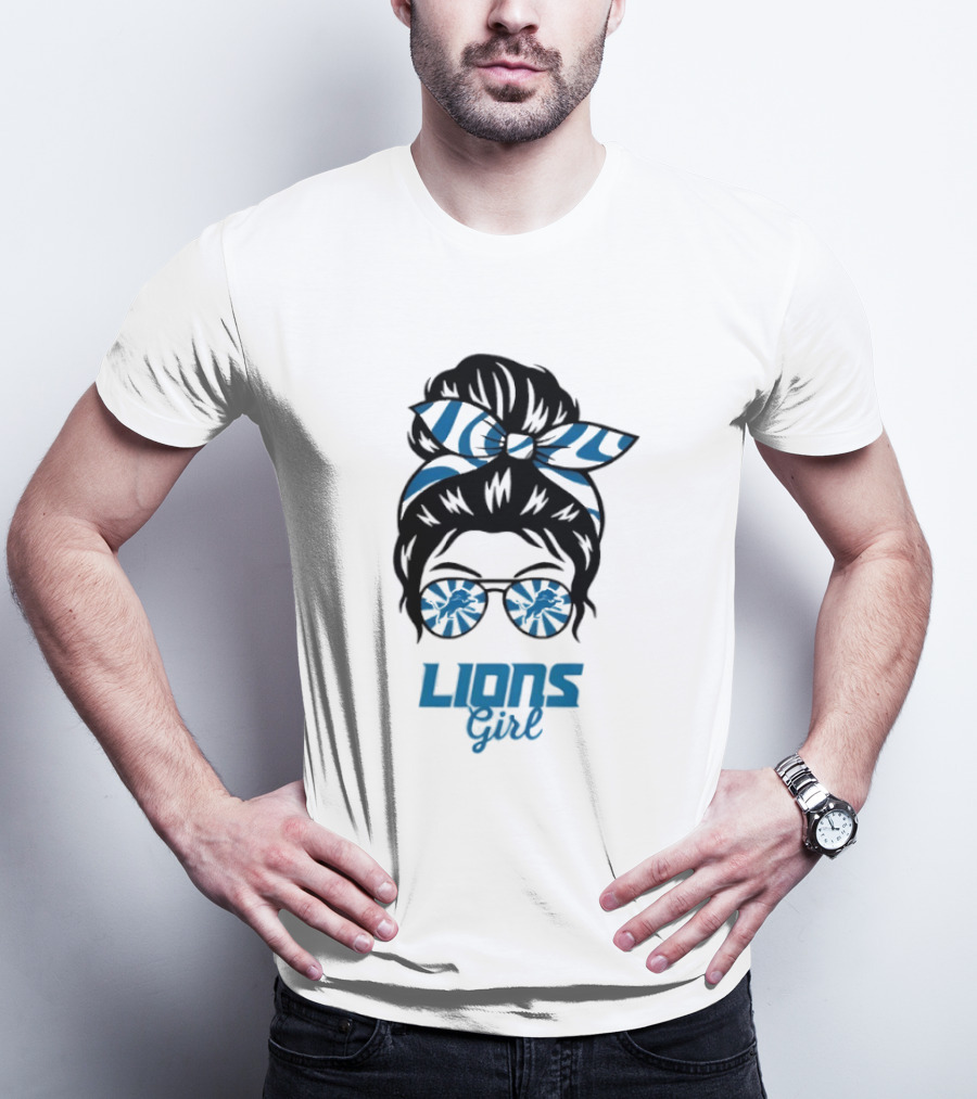 Detroit Lions Girl Glasses Messy Bun T-Shirt