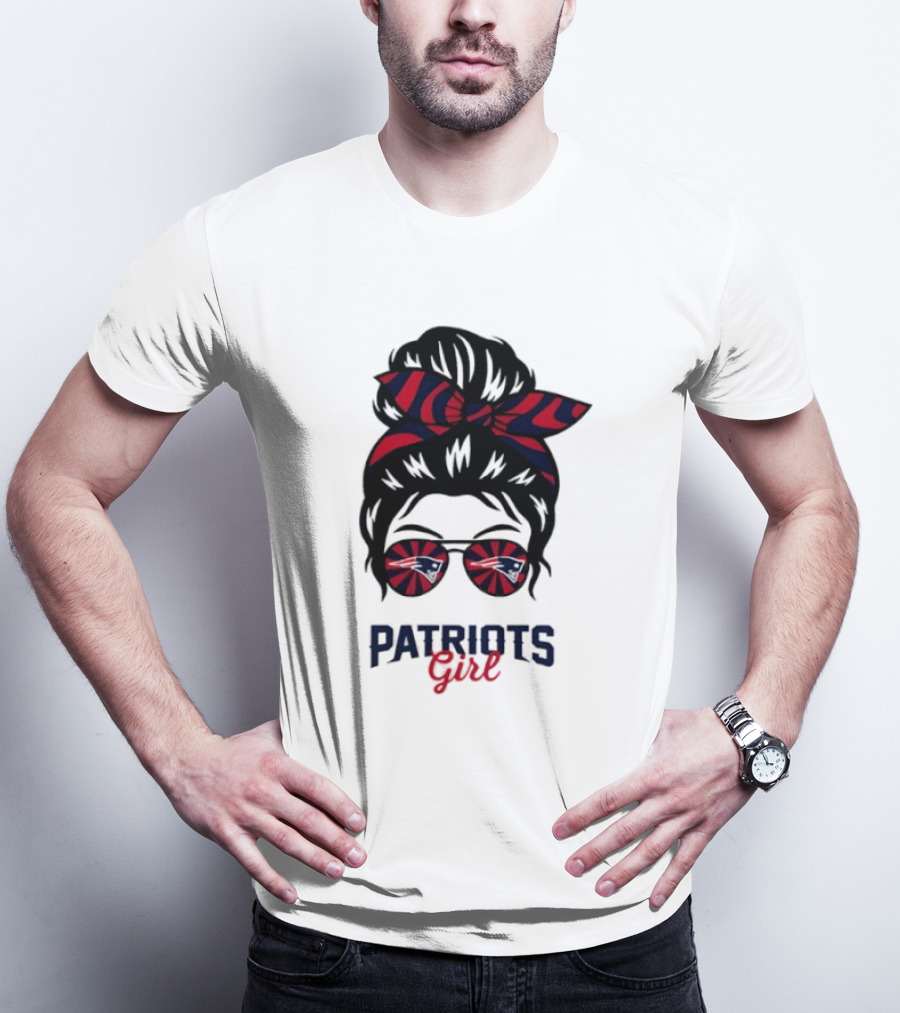 Patriots Girl Messy Bun Glasses Red Blue Bow Fan T-Shirt