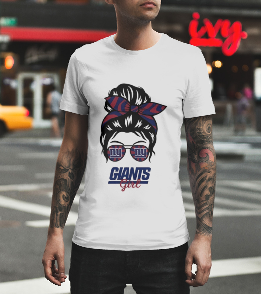 New York Giants Girl Messy Bun Glasses Bow T-Shirt
