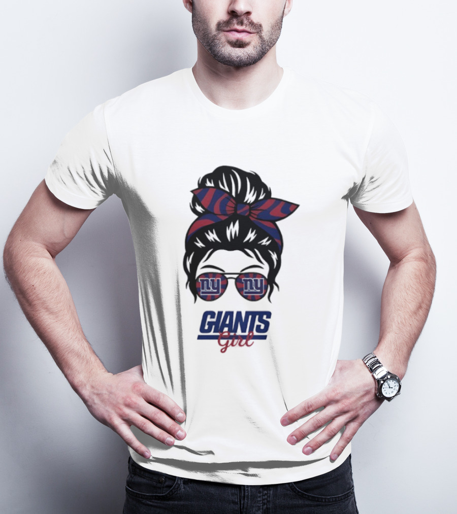 New York Giants Girl Messy Bun Glasses Bow T-Shirt