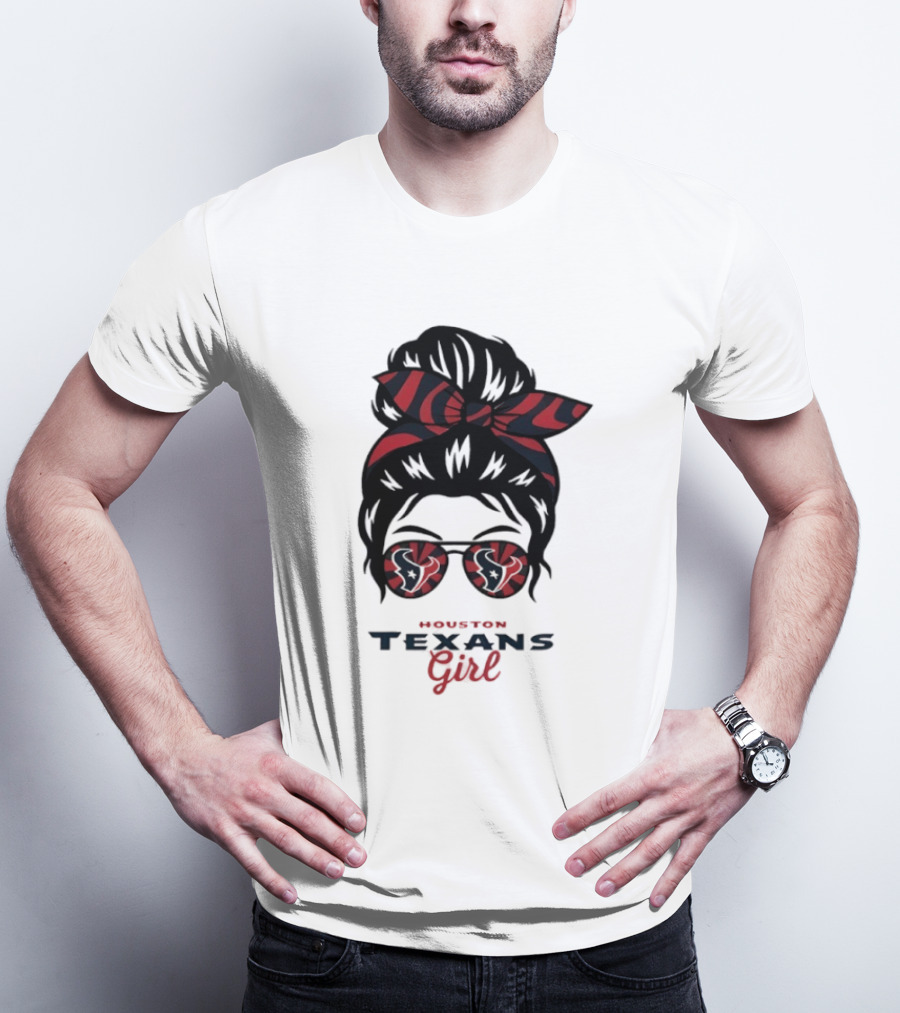Houston Texans Girl Messy Bun Bow Sunglasses T-Shirt