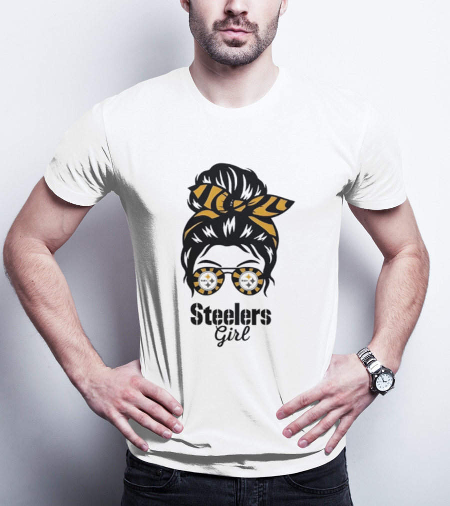 Pittsburgh Steelers Girl Messy Bun Glasses Black Gold Fan T-Shirt